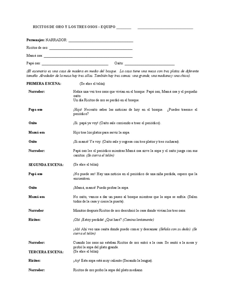 Ricitos de Oro Guion de Teatro | PDF | Ricitos de oro y los tres osos ...