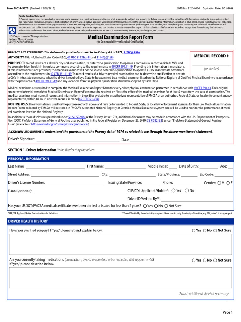 Driver Medical Examination Report Form Template | PDF | Test ...