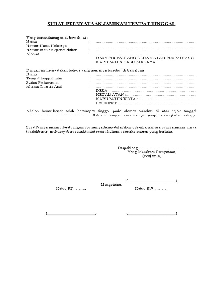 Blangko Surat Pernyataan Jaminan Tempat Tinggal - Dari RT Dan RW | PDF