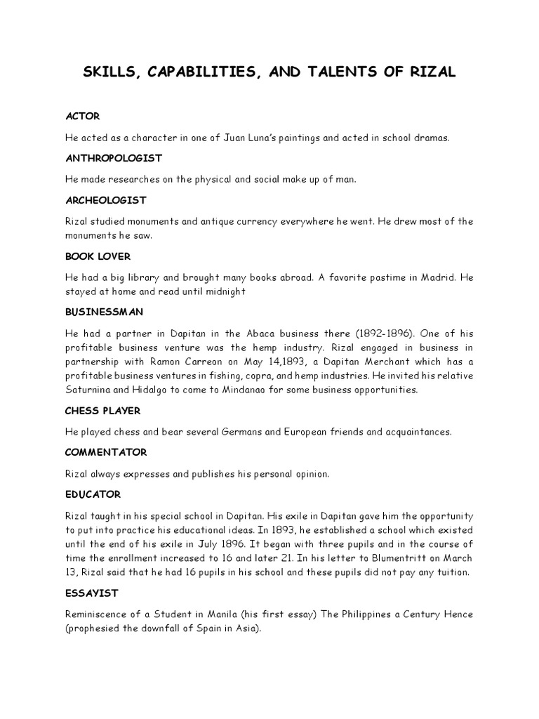 Skills, Capabilities, and Talents of Rizal: Actor | PDF