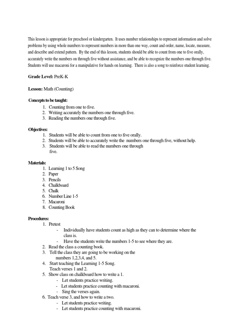 Counting to Five Lesson Plan | PDF | Education Theory | Applied Psychology