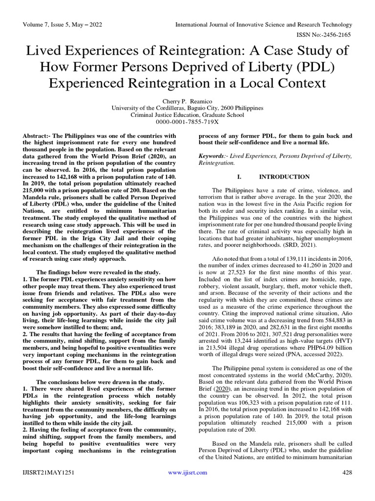 Lived Experiences of Reintegration A Case Study of How Former Persons ...
