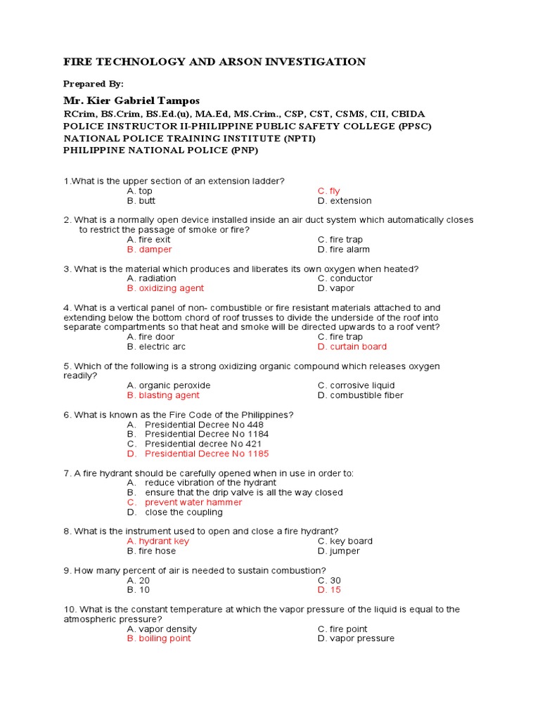 FIRE TECH. and ARSON INVEST. Q and A PROF. TAMPOS | PDF | Fires ...