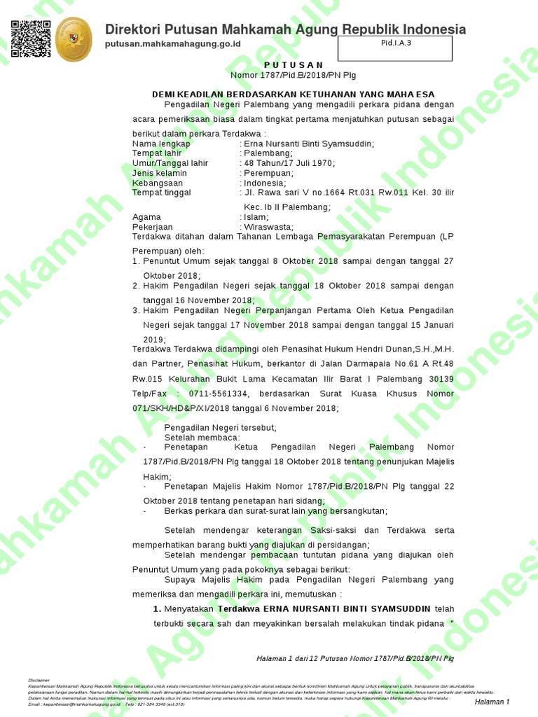 Putusan 1787 Pid.b 2018 PN PLG 20220413 | PDF