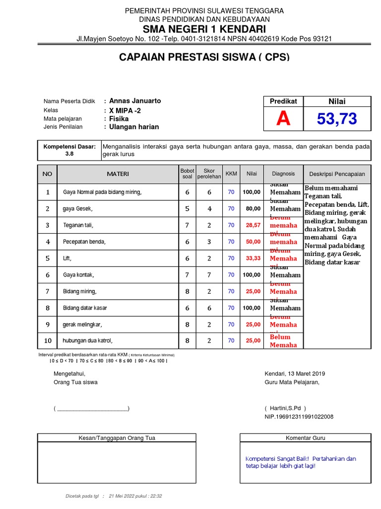 Sma Negeri 1 Kendari: Predikat X Mipa - 2 Fisika Ulangan Harian Annas Januarto | PDF
