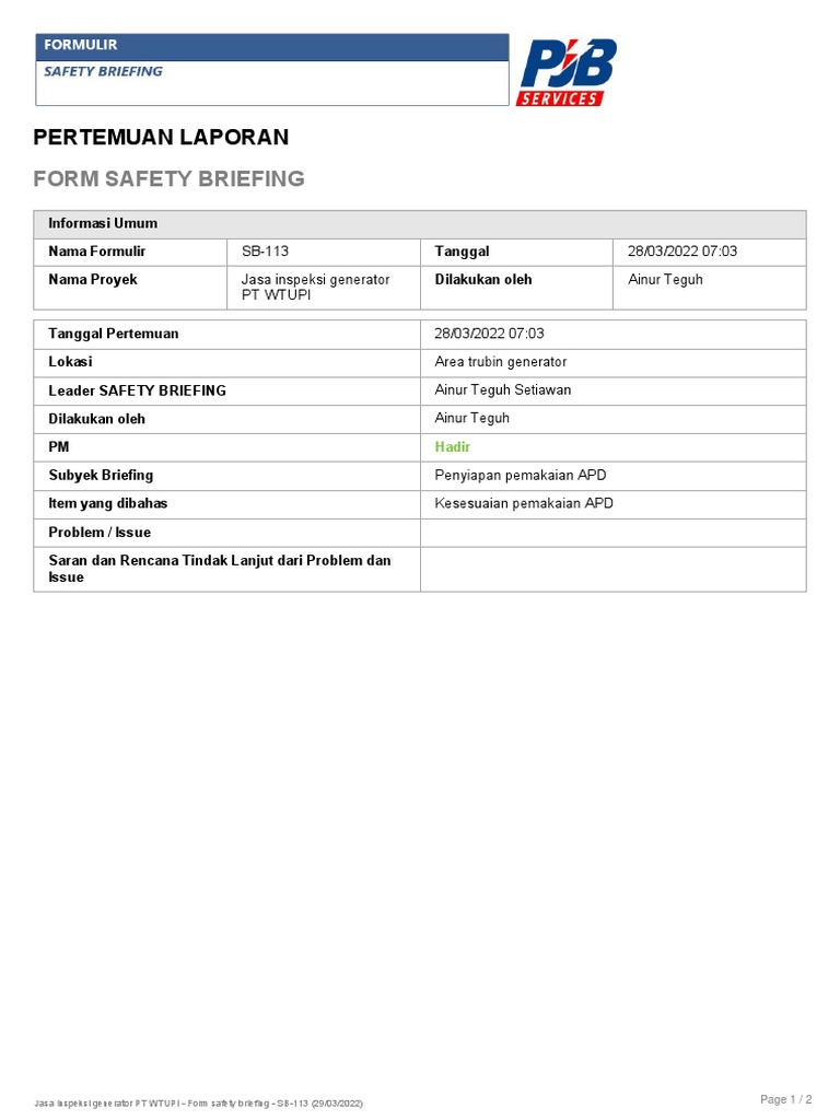 Contoh Form Safety Briefing | PDF