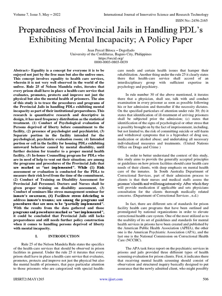 Preparedness of Provincial Jails in Handling PDL's Exhibiting Mental ...
