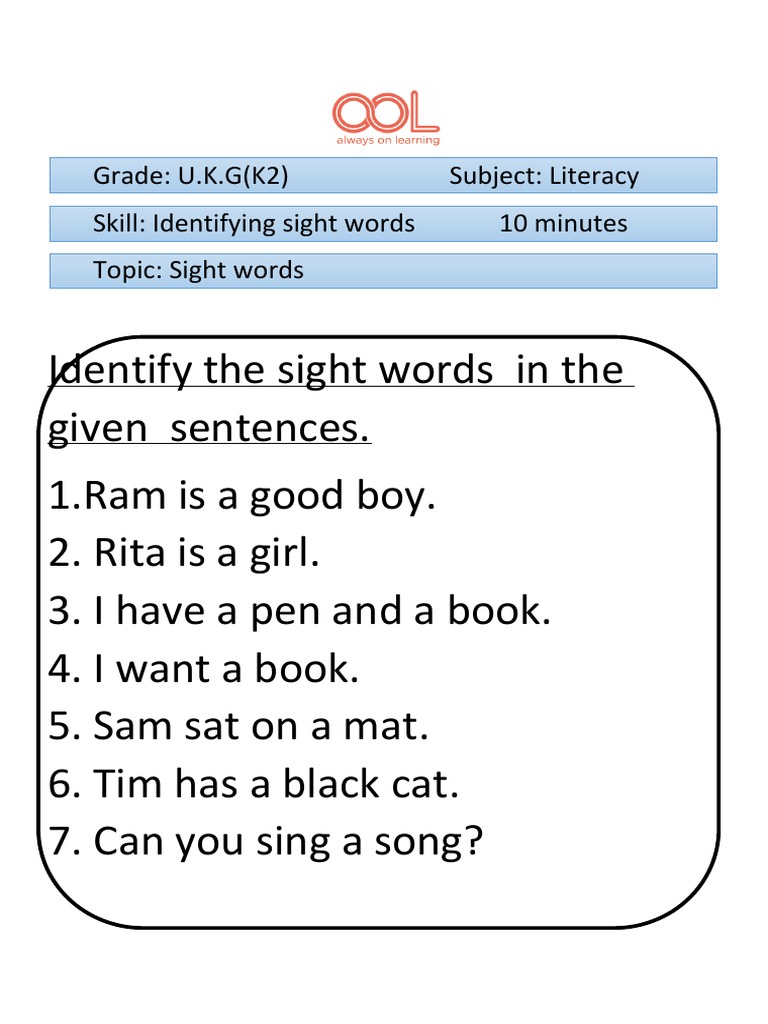 Grade: U.K.G (K2) Subject: Literacy Skill: Identifying Sight Words 10 ...