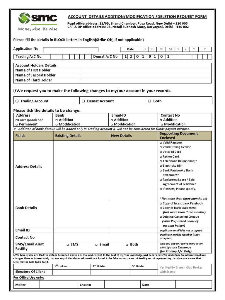Account Details Addition/Modification /deletion Request Form | PDF ...