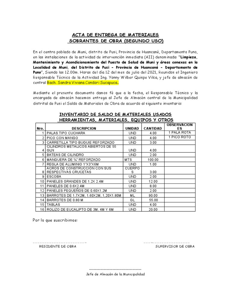 ACTA DE Materiales SEGUNDO USO | PDF