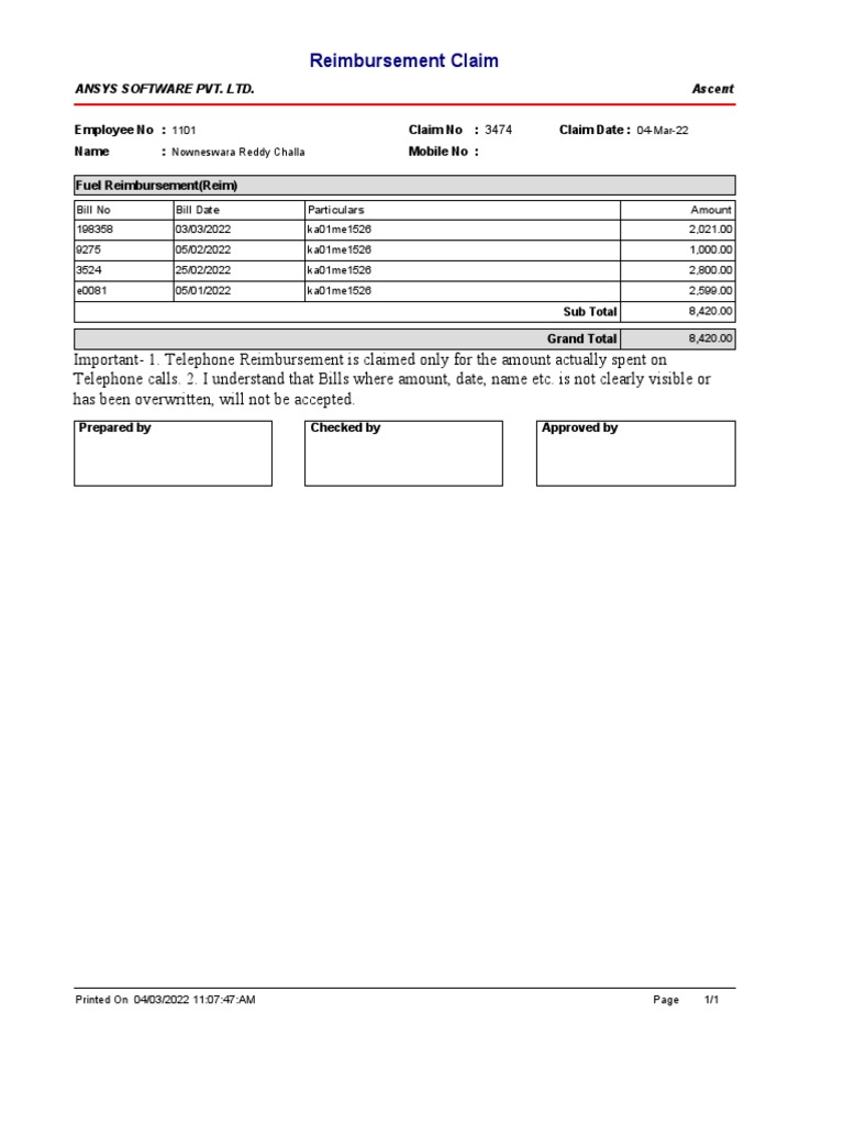 Reimbursement Claim:: Mobile No: Name Claim Date:: Claim No: Employee ...