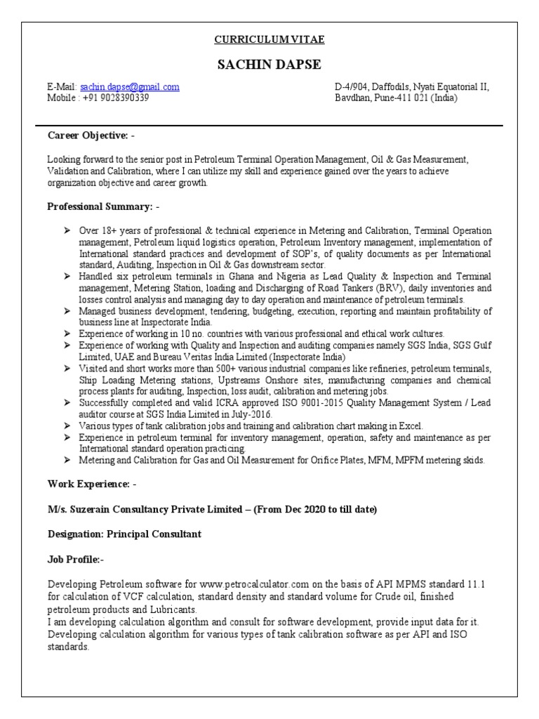 Sachin Dapse - Curriculum Vitae | PDF | Calibration | Audit