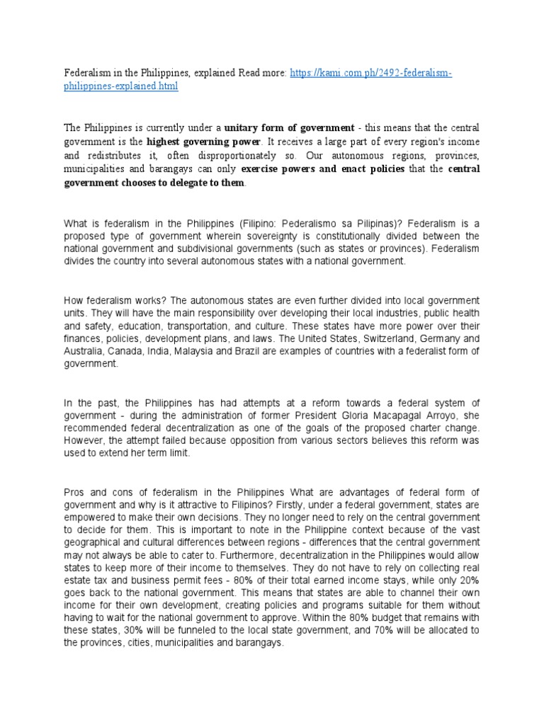 Federalism in The Philippines | PDF | Philippines | Federalism