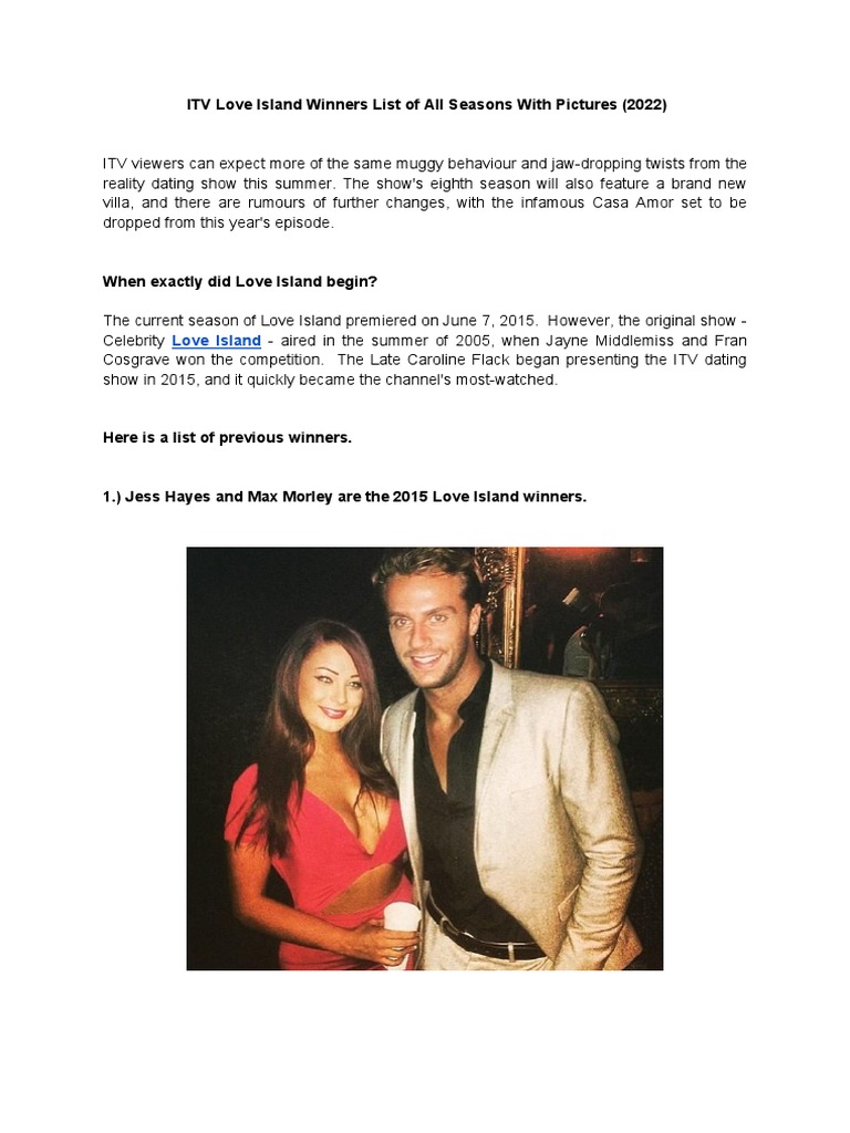ITV Love Island Winners List of All Seasons With Pictures (2022) | PDF ...