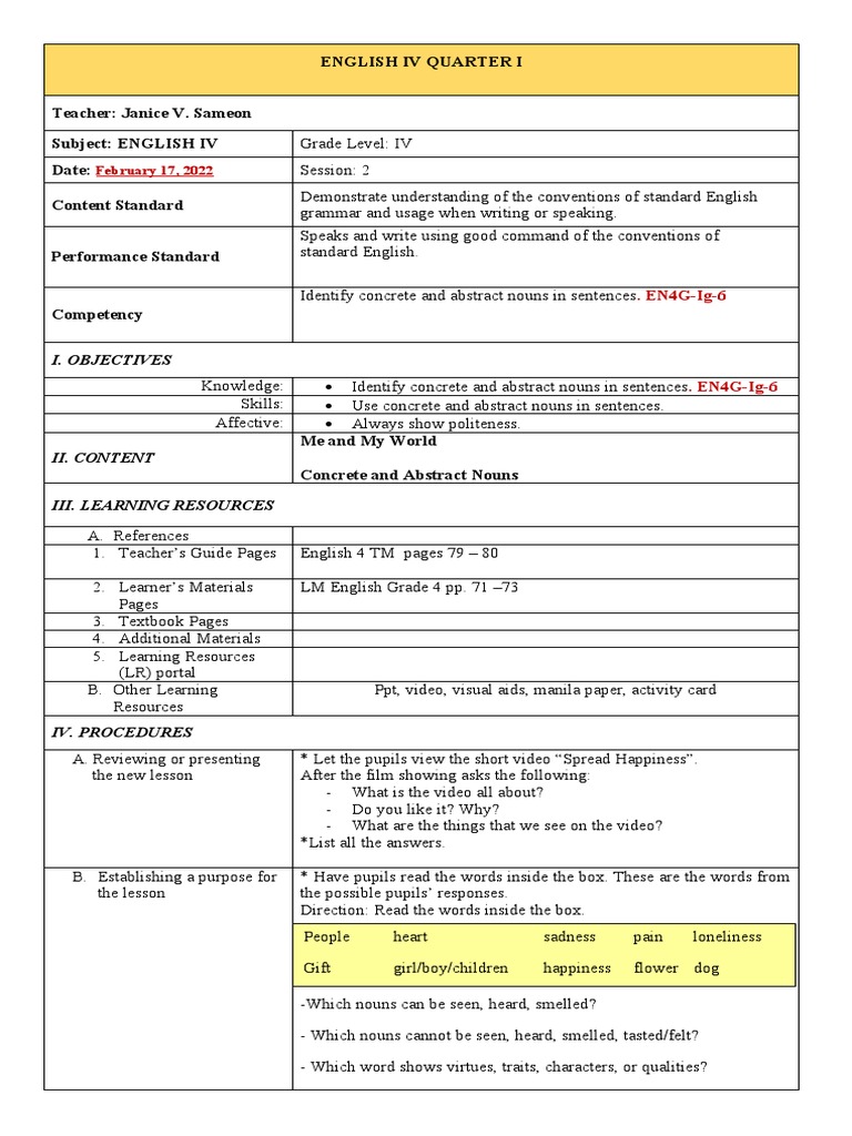 English Iv Quarter I Teacher: Janice V. Sameon Subject: ENGLISH IV Date ...