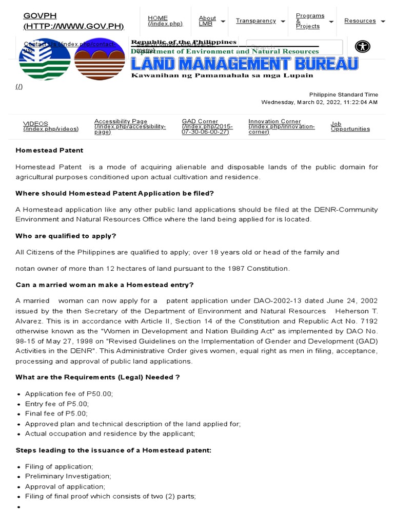 Govph (HTTP://WWW - GOV.PH) : Homestead Patent | PDF | Patent | Common Law