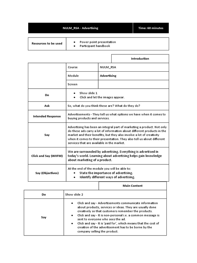 Resources To Be Used: NULM - RSA - Advertising Time: 60 Minutes | PDF ...