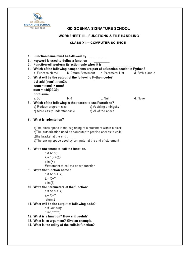 GD Goenka Signature School: Worksheet Iii - Functions & File Handling Class Xii - Computer ...