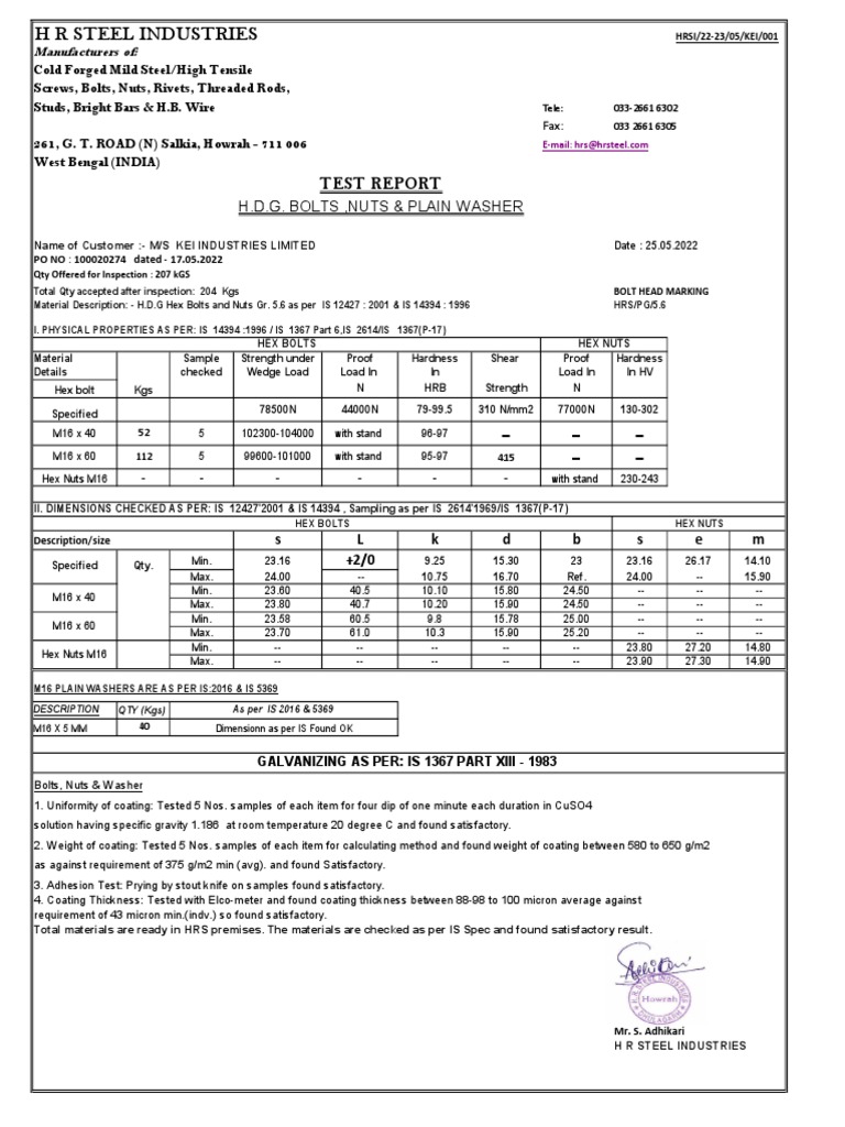 Test Report: H.D.G. Bolts, Nuts & Plain Washer | PDF | Screw ...