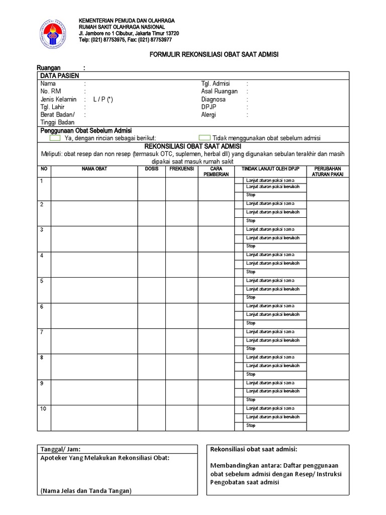 Form Rekonsiliasi Obat Admisi RS Olahraga | PDF