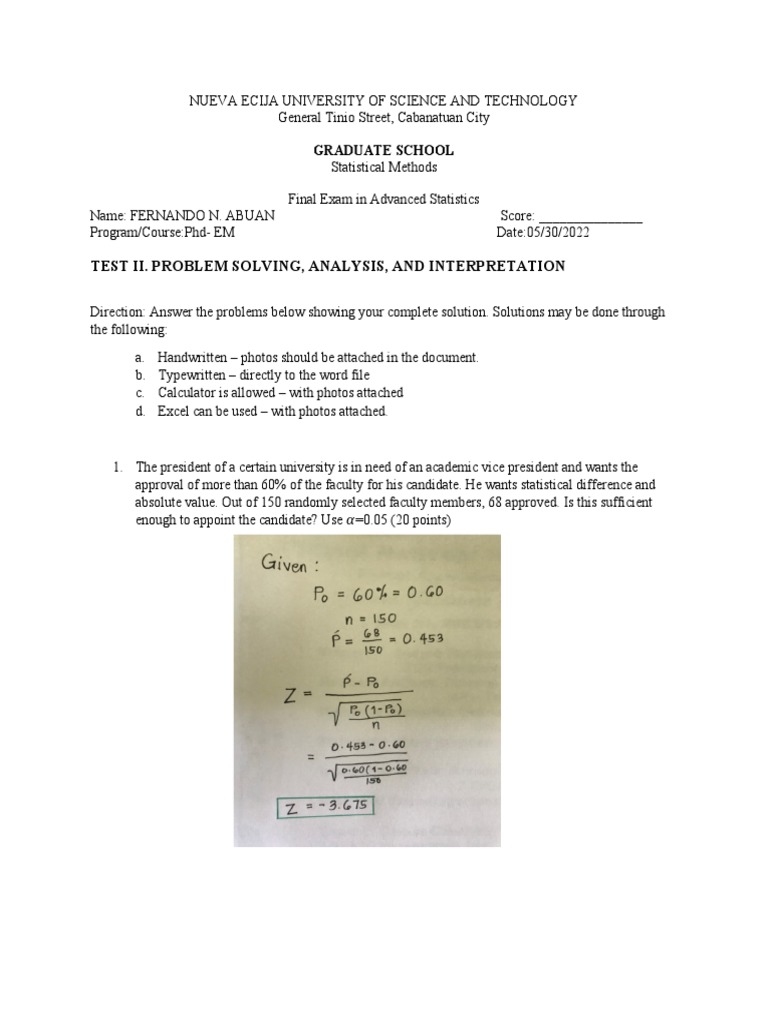 Fernando N. Abuan - Final Exam in Adv, Statistics (21-22) | PDF | Statistics | Learning