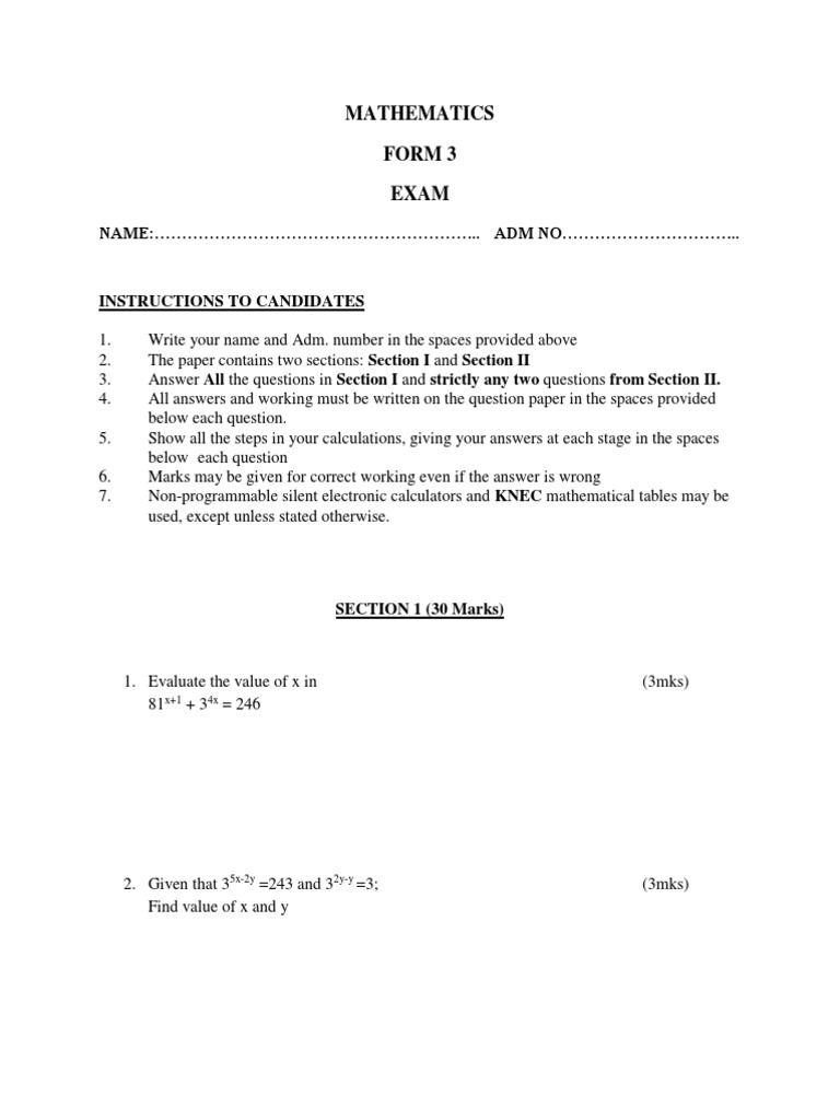 Form Three Mathematics Set 1 QS | PDF | Speed | Angle