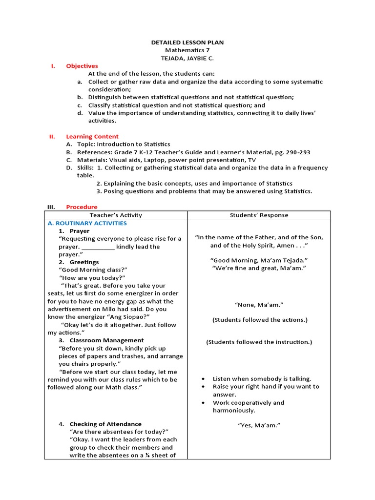 Detailed Lesson Plan On Statistics | PDF | Statistics | Lesson Plan