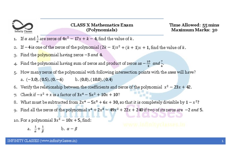CLASS X Mathematics Exam (Polynomials) Time Allowed: 55 Mins Maximum ...