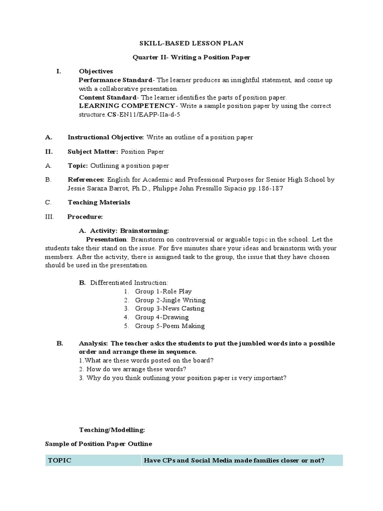 Position Paper Writing Lesson Plan | PDF | Lesson Plan | Cognition