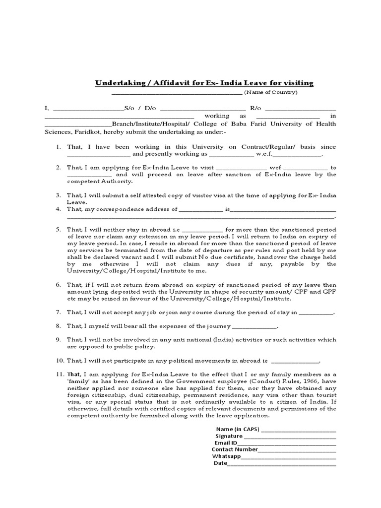 Ex-India Leave Application Undertaking | PDF | Travel Visa | Citizenship