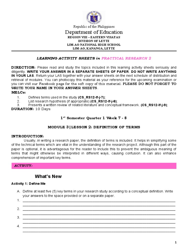 LAS in PRACTICAL RESEARCH 2 QUARTER 1 WEEK 7 - 8 | PDF | Hypothesis ...