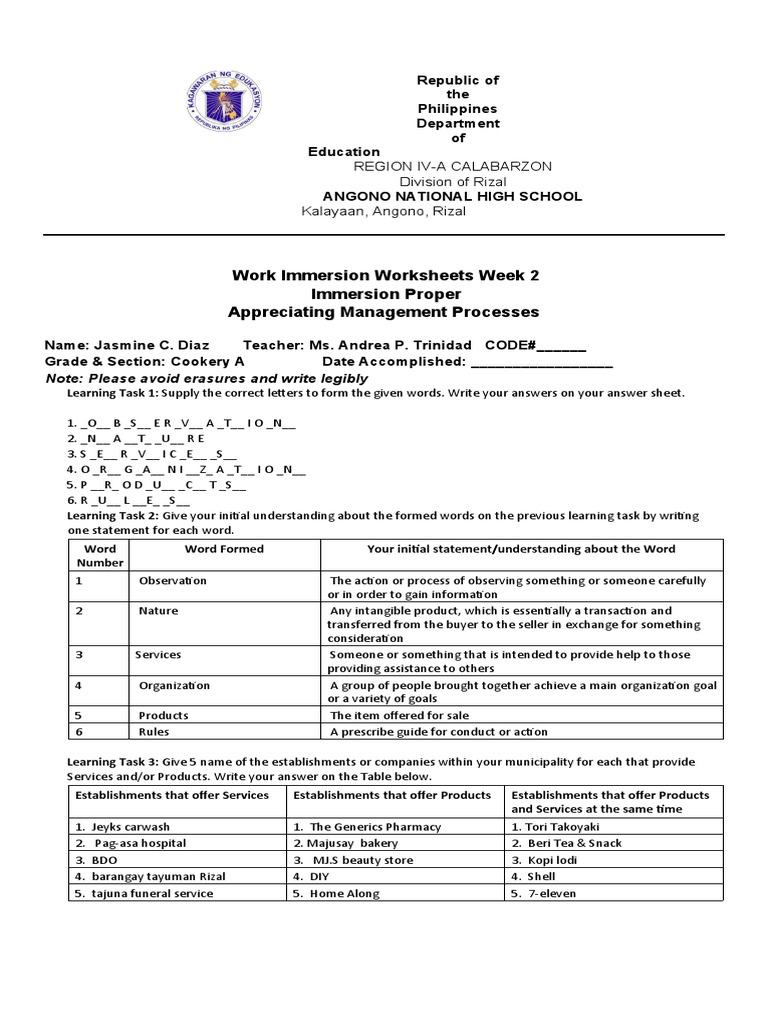Work Immersion Worksheets Week 2 Immersion Proper Appreciating ...