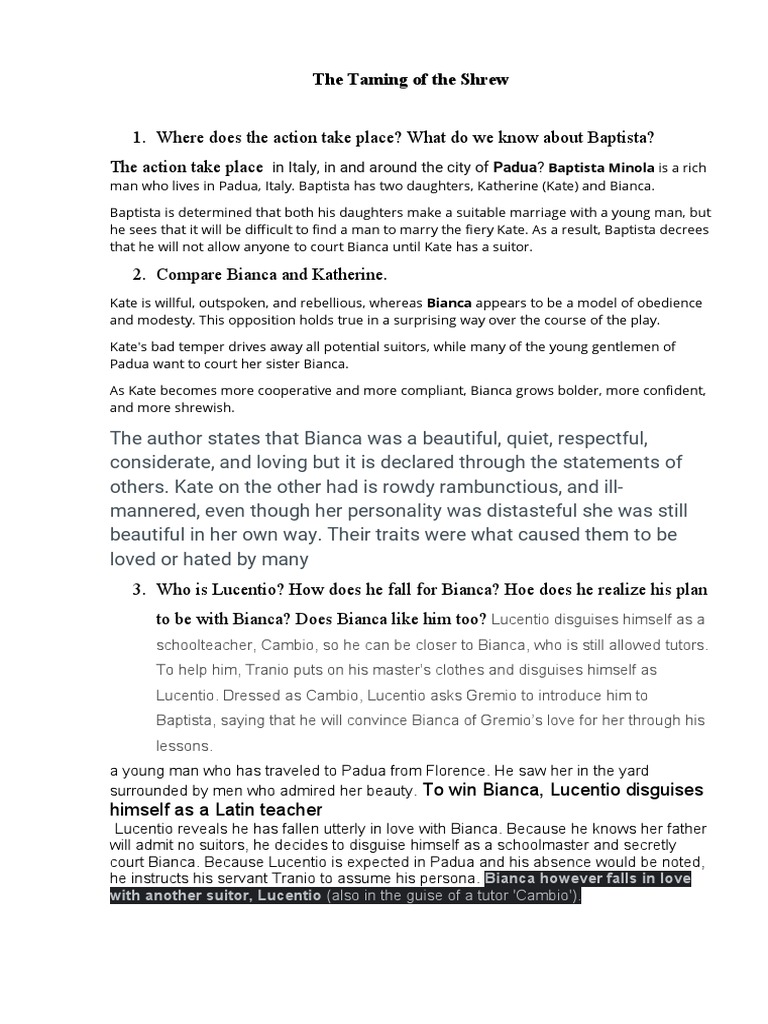 The Taming of The Shrew Questions | PDF | The Taming Of The Shrew ...
