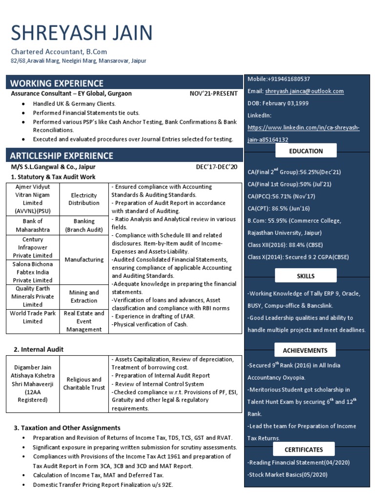 Shreyash Jain CV1 | Descargar gratis PDF | Taxes | Audit