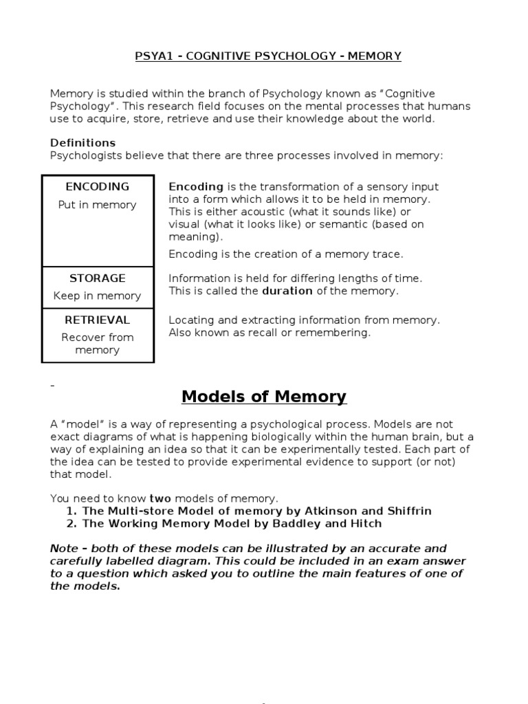Models of Memory: Psya1 - Cognitive Psychology - Memory | PDF | Memory ...