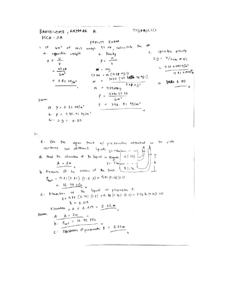 Bartolome, Raymar - Prelim Exam Hydraulics | PDF