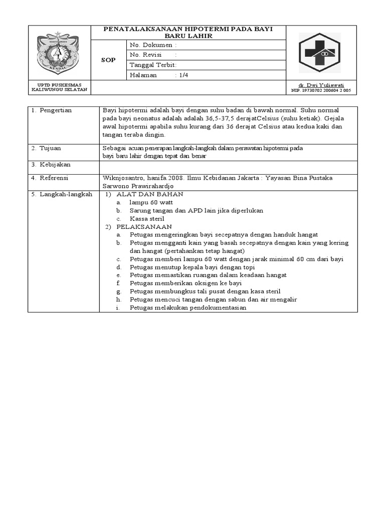 Sop Penatalaksanaan Hipotermi PD BBL | PDF