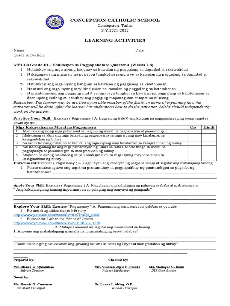 Learning ACTIVITIES ESP 10 Fourth Q | PDF