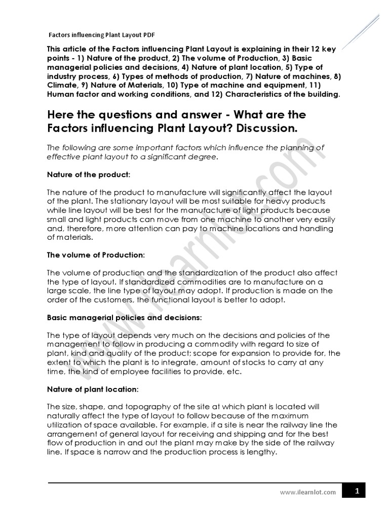 Factors Influencing Plant Layout | PDF | Nature | Mass Production