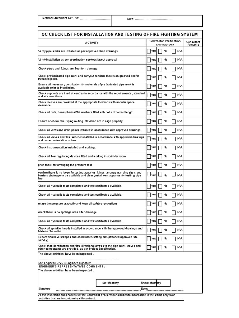 QC Check List For Installation and Testing of Fire Fighting System ...
