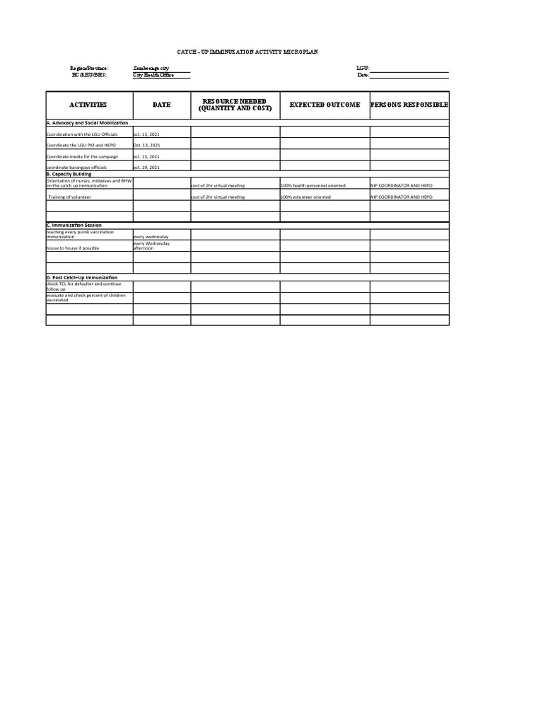 Catch-Up Ri Immunization Activity Microplan | PDF
