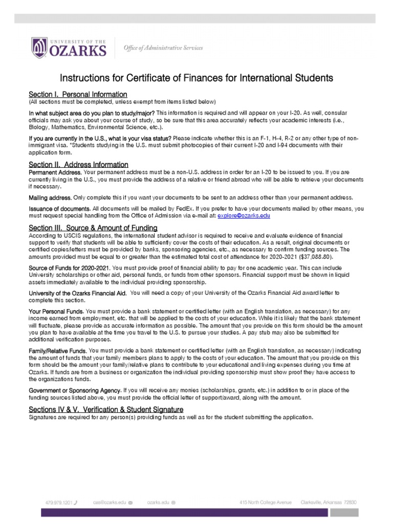 Instructions For Certificate of Finances For International Students | PDF
