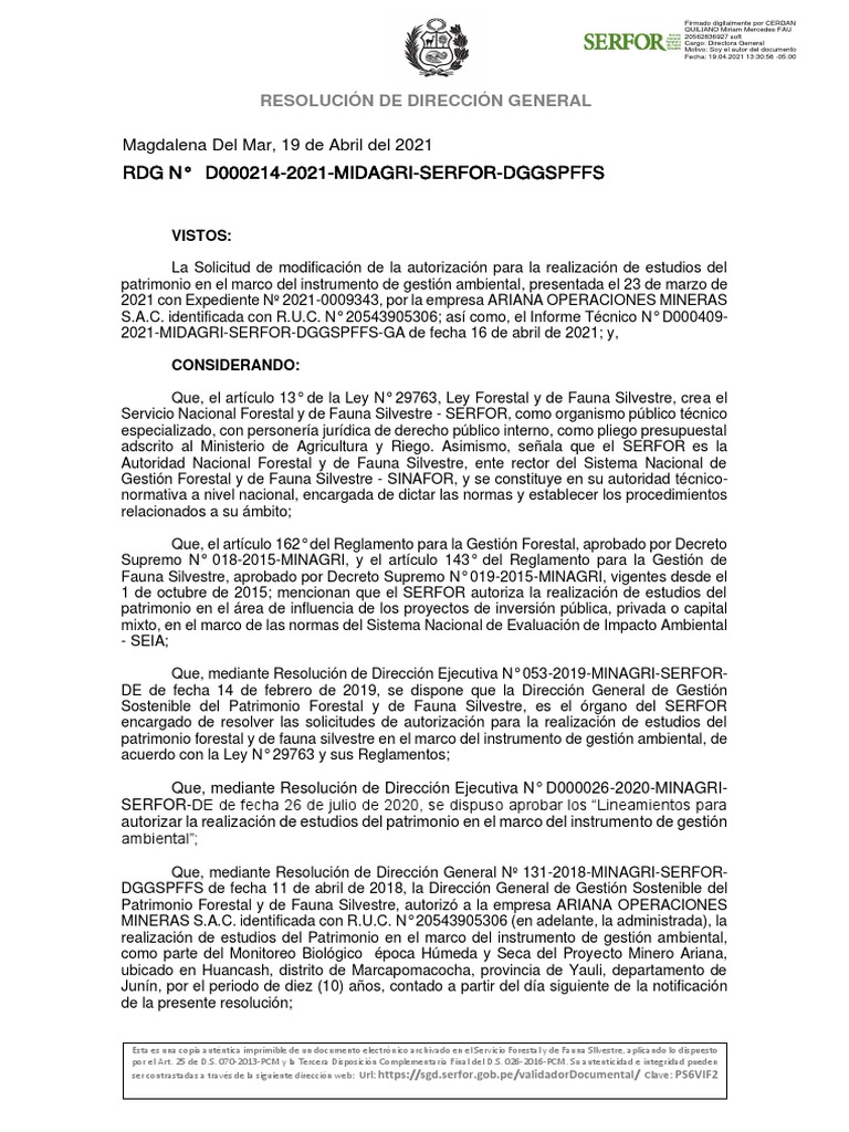 RDG - N - D000214 2021 Midagri Serfor DGGSPFFS | PDF | Fauna | Los bosques