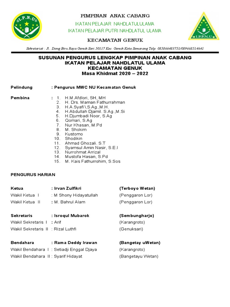 Susunan Pengurus PAC IPNU Kecamatan Genuk | PDF