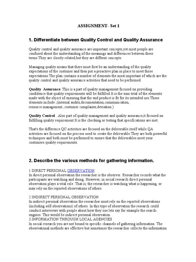 Assignment-Set 1 1. Differentiate Between Quality Control and Quality ...