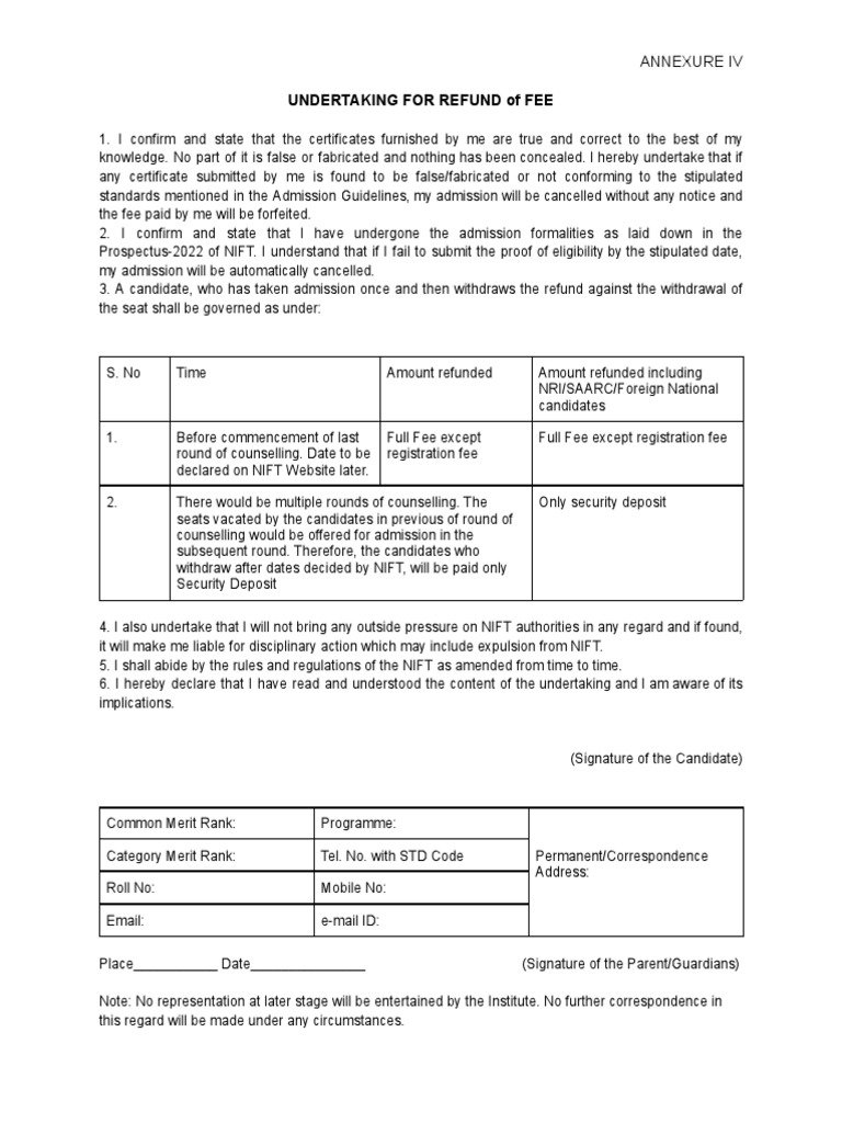 Undertaking For Refund of Fee: Annexure Iv | PDF | Common Law | Justice