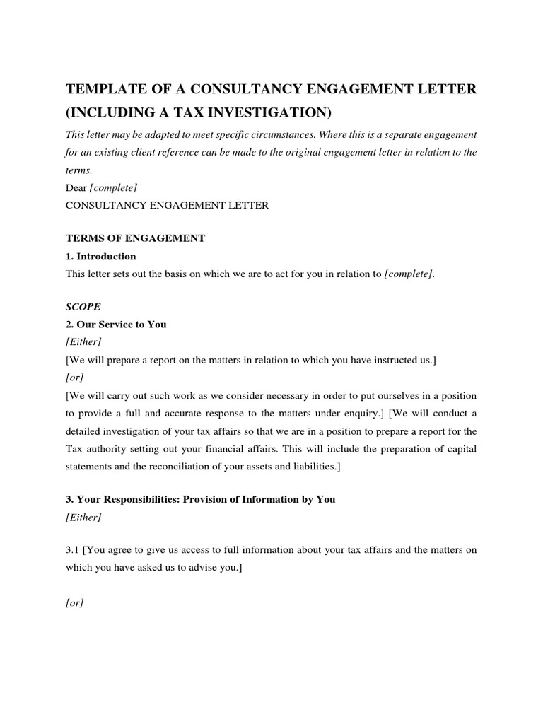 Template of A Consultancy Engagement Letter (Including A Tax ...