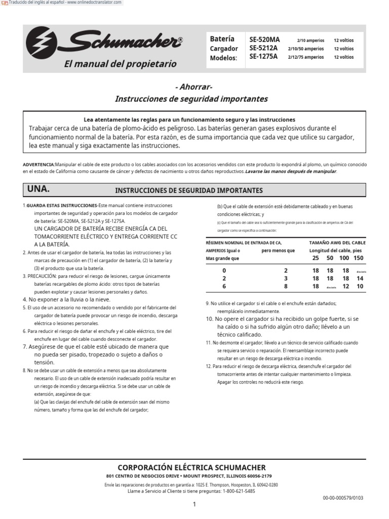 Schumacher-Se-5212a-Manual-De-Usuario en Español | PDF | Cargador de ...