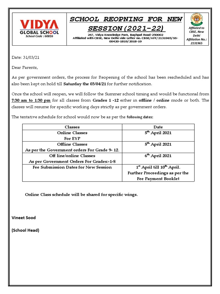 School Reopening - Circular | PDF