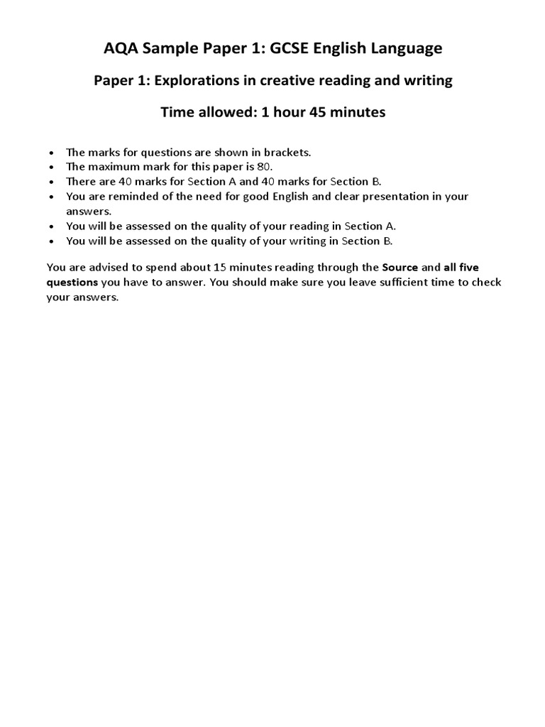 AQA GCSE English Language Paper 1 Sample | PDF | Writers | Narration